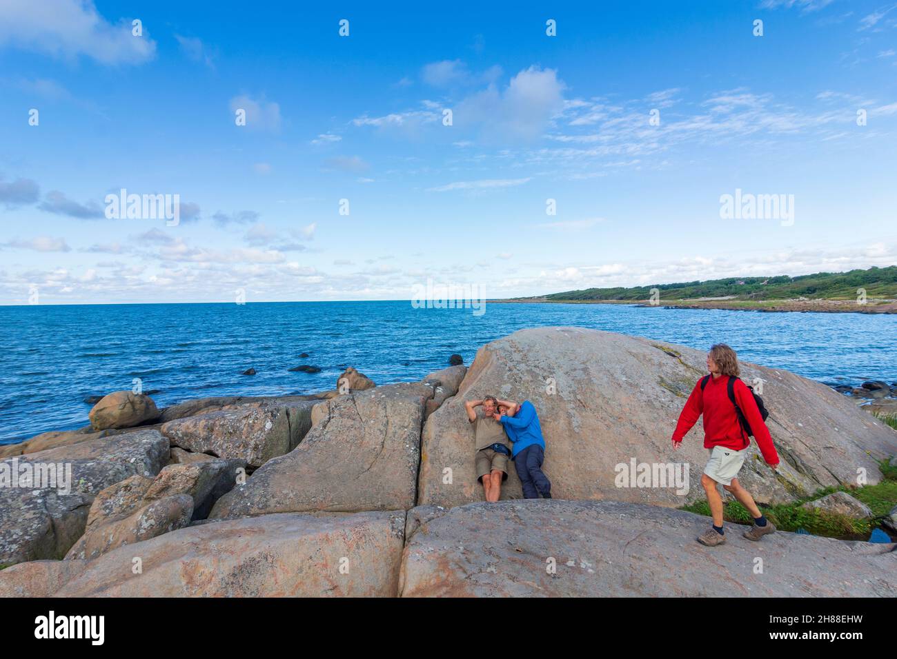 Halmstad: rock island in Steningestrand, tourists, family, Kattegat sea ...