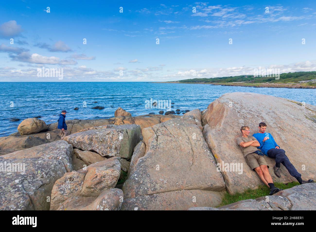 Halmstad: rock island in Steningestrand, tourists, family, Kattegat sea ...