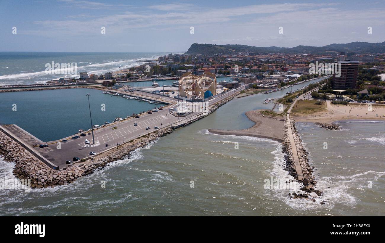 An Aerial view of the port of Pesaro in the Marche region, with the sea ...
