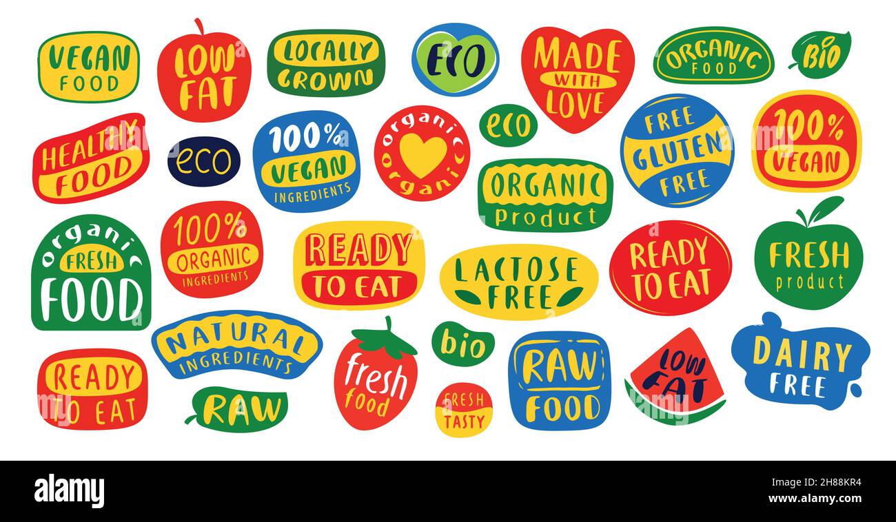 Organic, natural labels and icons, tags. Badges set of vegan, healthy ...