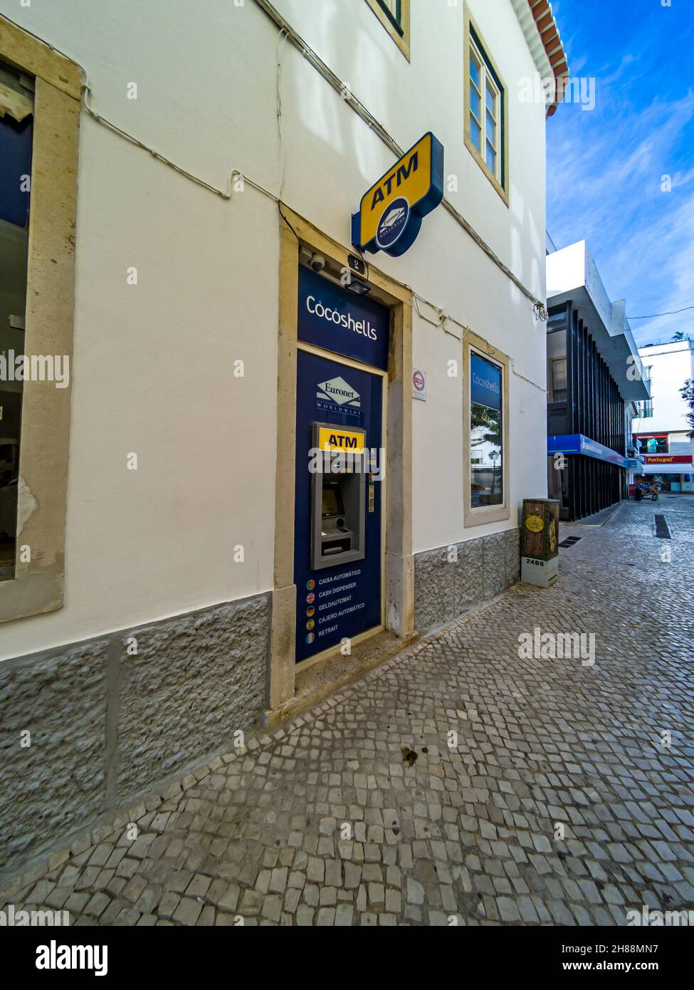 LAGOS, PORTUGAL - Sep 23, 2021: A front view of EURONET cash teller ATM ...