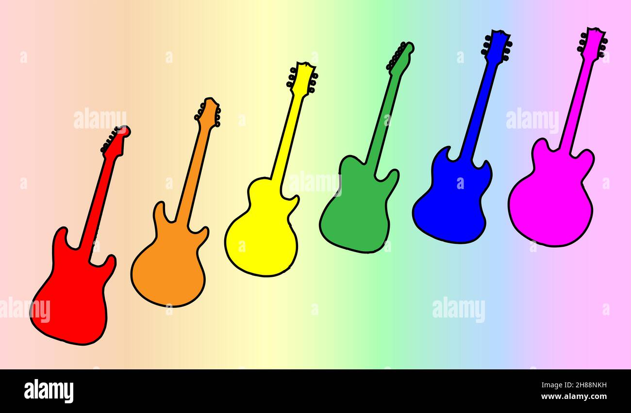A collection of brightly coloured rainbow color guitar silhouettes ...