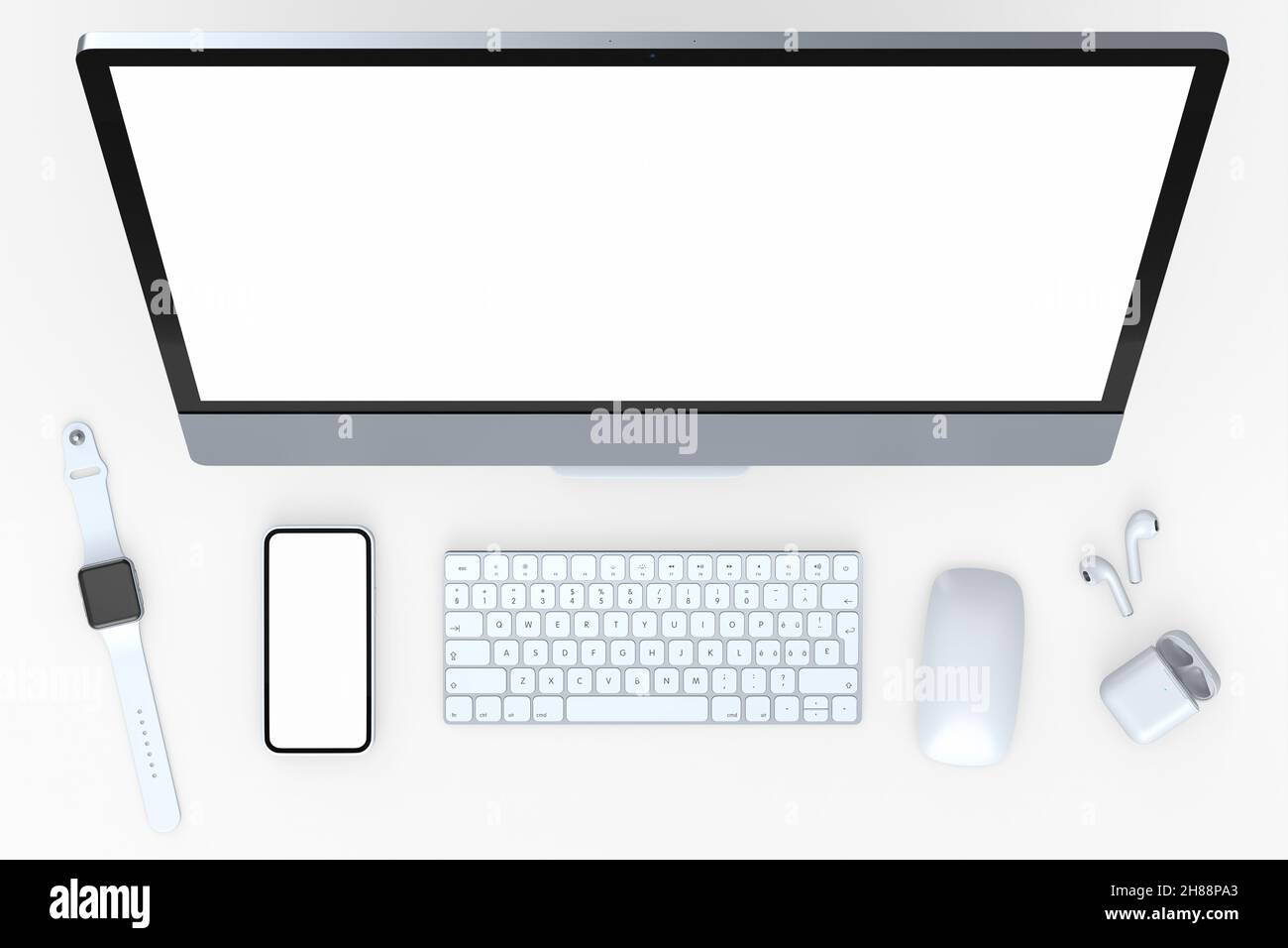 Top view of desktop computer with keyboard, mouse, smartwatch, phone ...