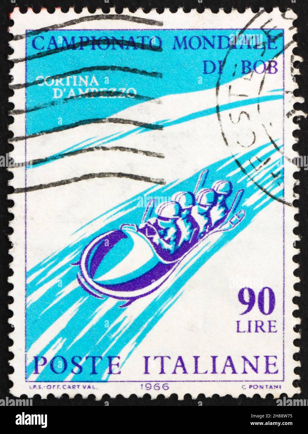 ITALY - CIRCA 1966: a stamp printed in the Italy shows Four-Man Bobsled ...