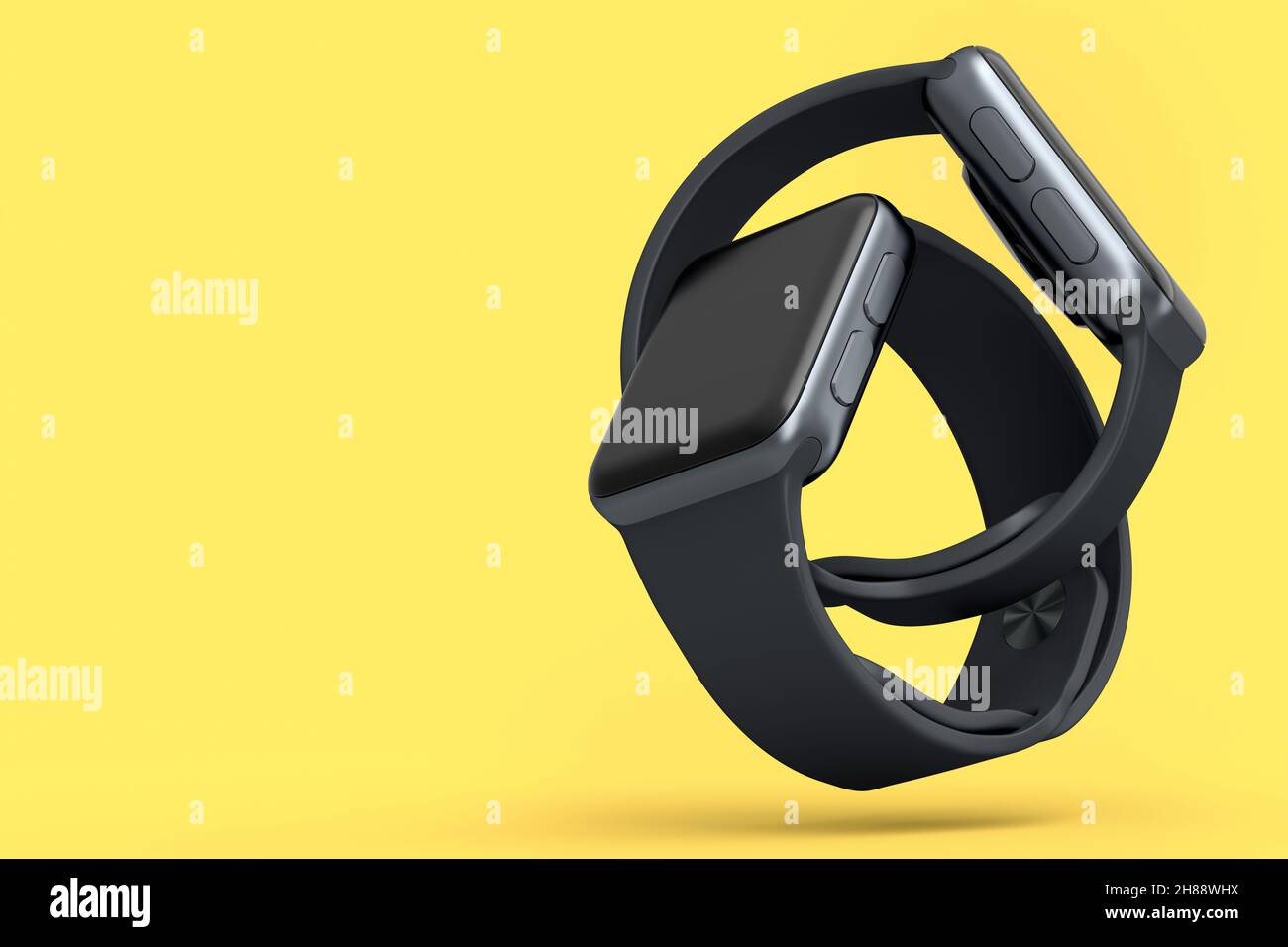 Set of black smart watches with black leather strap isolated on yellow ...