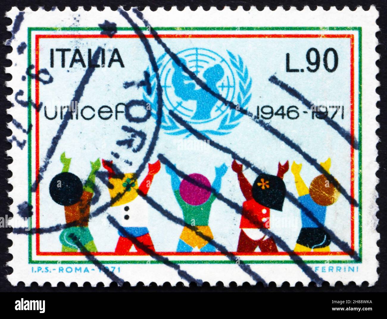 ITALY - CIRCA 1971: a stamp printed in the Italy shows UNICEF Emblem ...