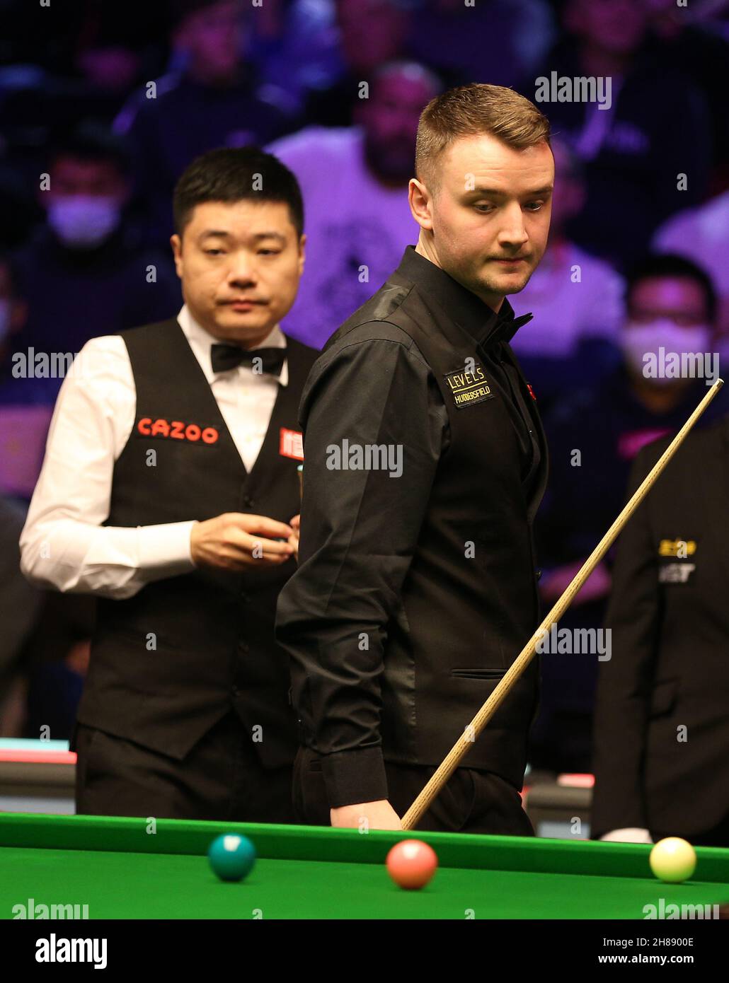 Ding Junhui (left) and Sam Craigie during five of the Cazoo UK ...