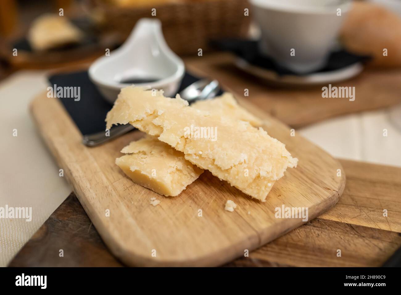 Tasting of different matured and very old parmesan Italian Parmigiano ...