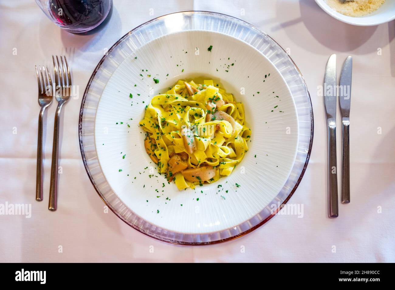 Italian food, firsh course dish, fresh homemade pasta tagliatelle with ...