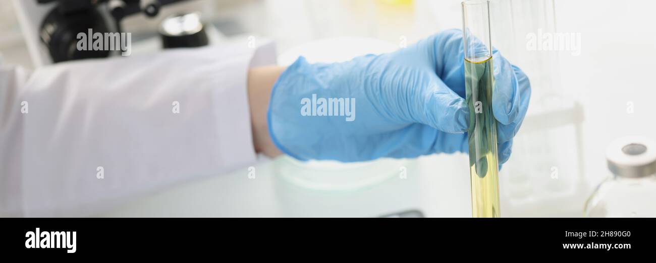 Scientist conducts laboratory tests of transparent liquid in test tube ...