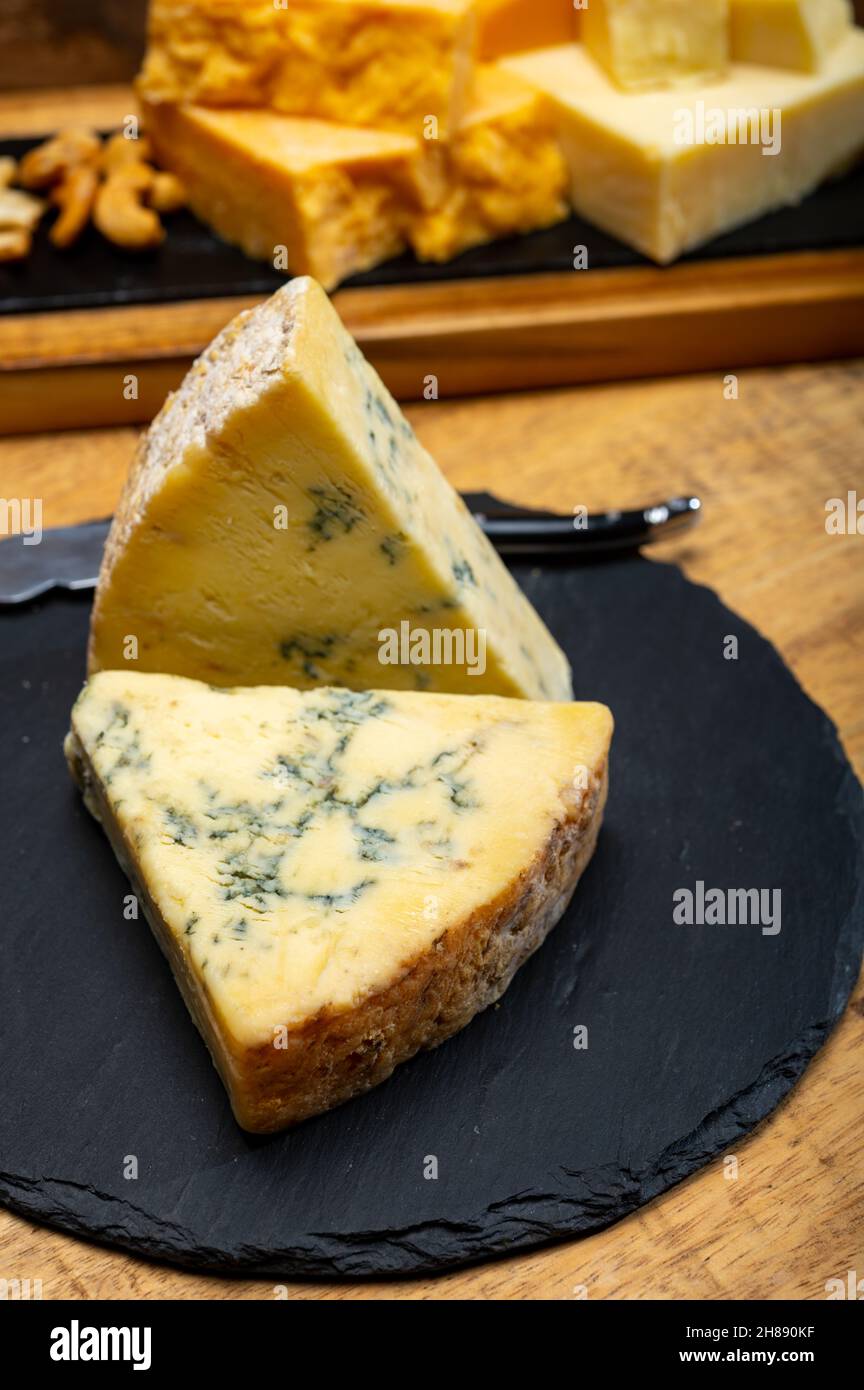 British cheeses collection, blue Stilton, Scottish coloured and English ...
