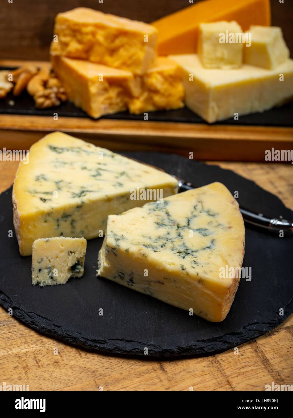 British cheeses collection, blue Stilton, Scottish coloured and English ...