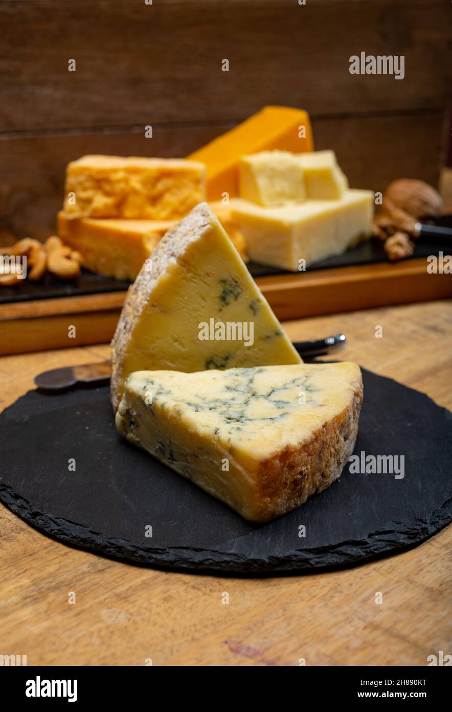 British cheeses collection, blue Stilton, Scottish coloured and English ...