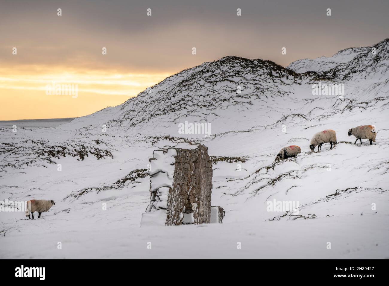 A car drives through the snow in Gunnerside, North Yorkshire. Picture ...