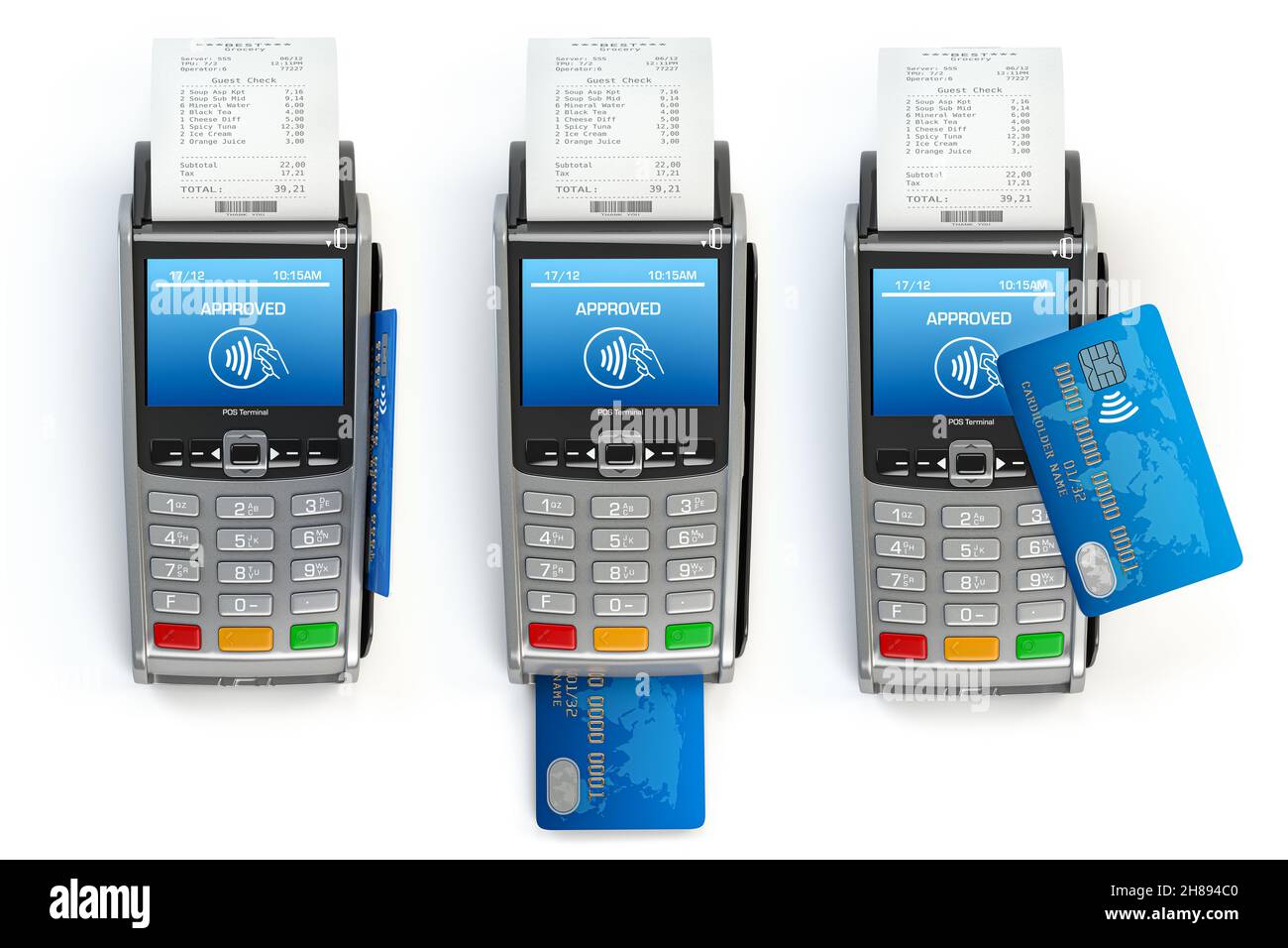 POS terminal with credit card with different types of using isolated on ...