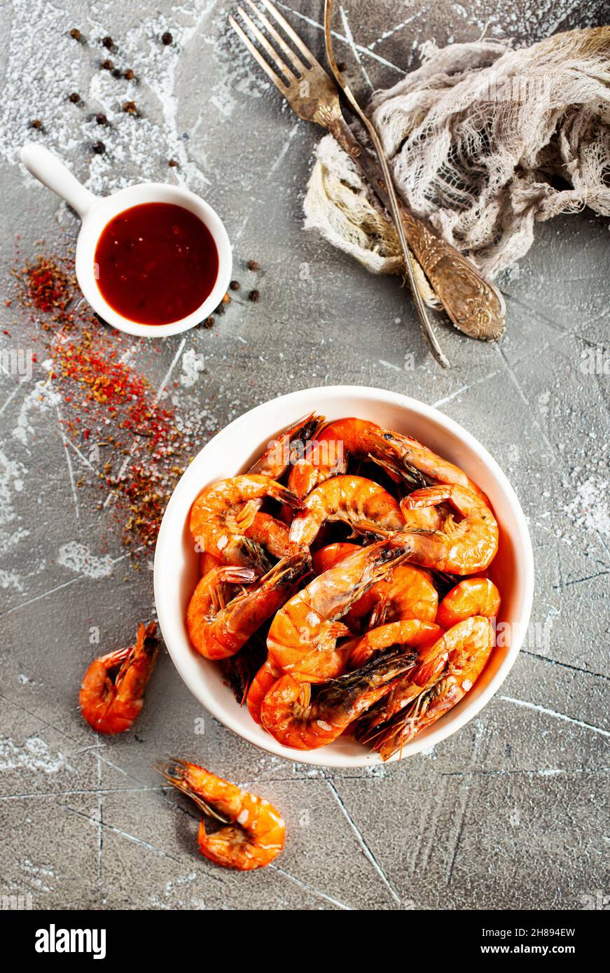 Grilled tiger shrimps with spice and lemon. Grilled seafood Stock Photo ...