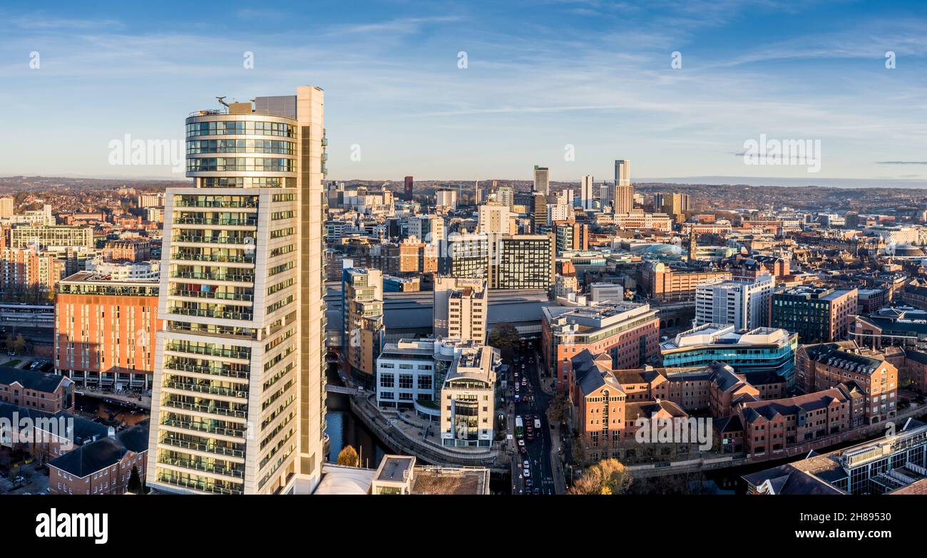 An aerial landscape of Leeds city centre cityscape and skyline with the ...