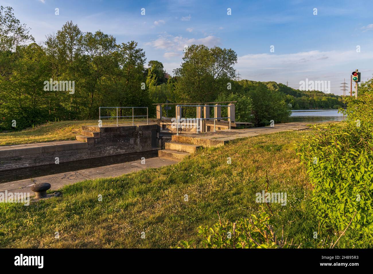 View at the River Ruhr and the sluice in Essen-Horst, North Rhine ...