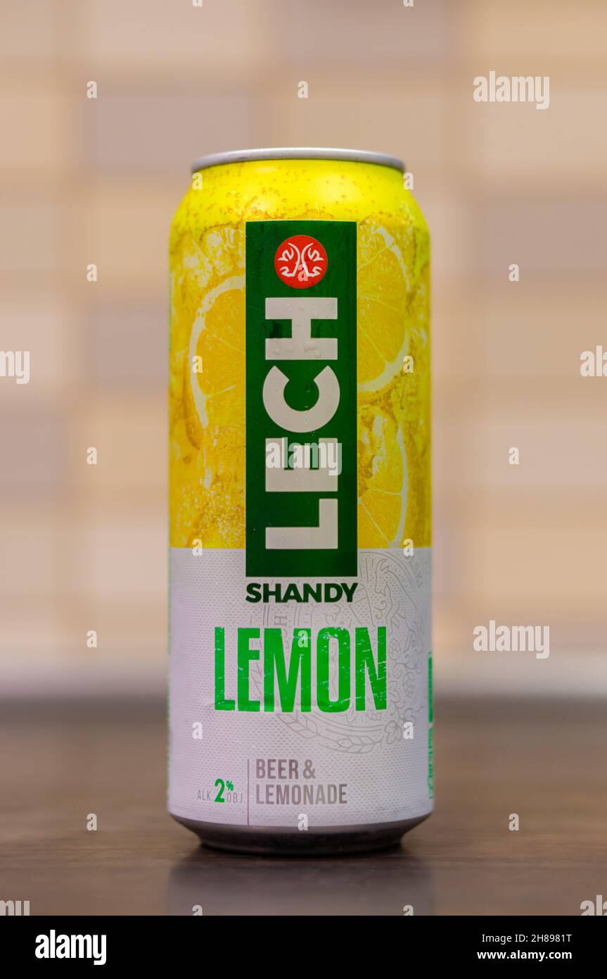POZNAN, POLAND - Jun 15, 2019: A Polish Lech Shandy Lemon flavored beer ...