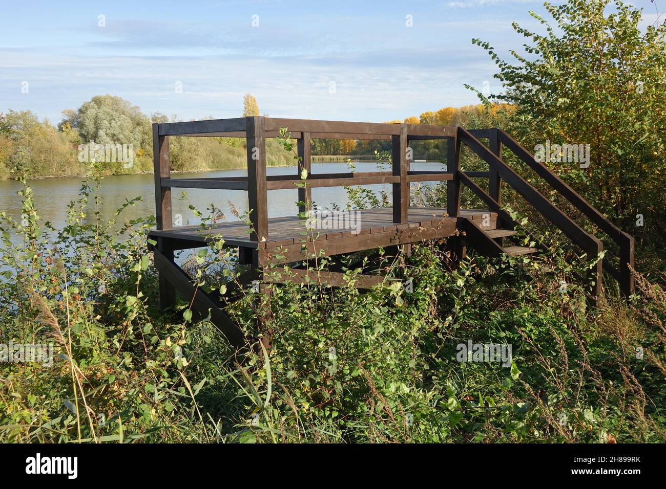 Wooden outlook platform amidst bushes at the waterfront of Blaue Adria ...