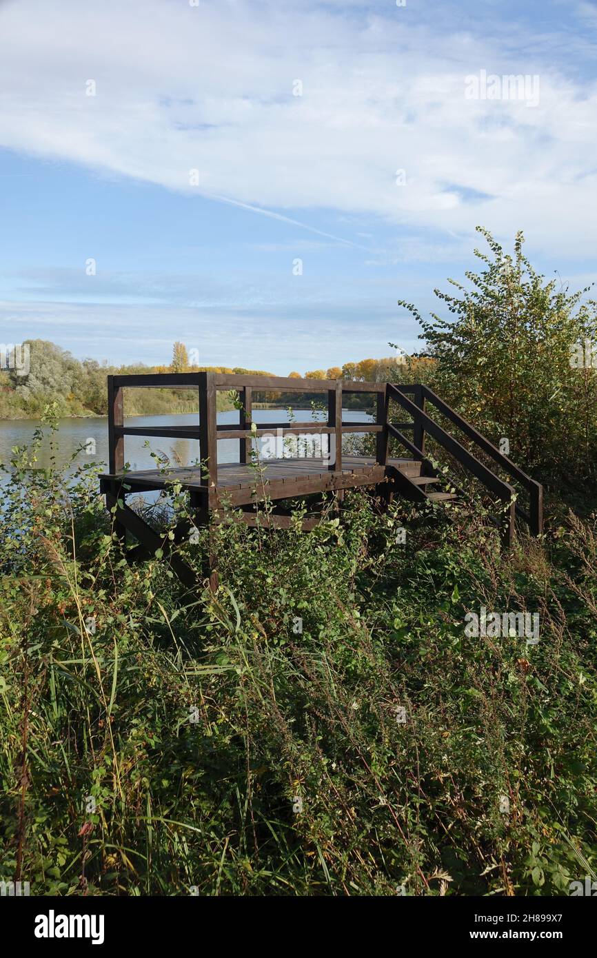 Wooden outlook platform amidst bushes at the waterfront of Blaue Adria ...