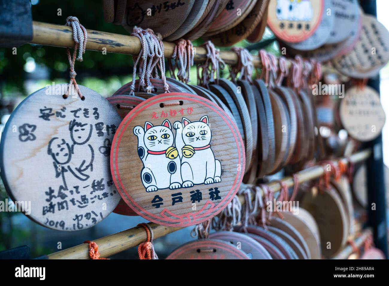 Maneki Neko or Beckoning Lucky Cat ema prayer plaques at the Imado ...