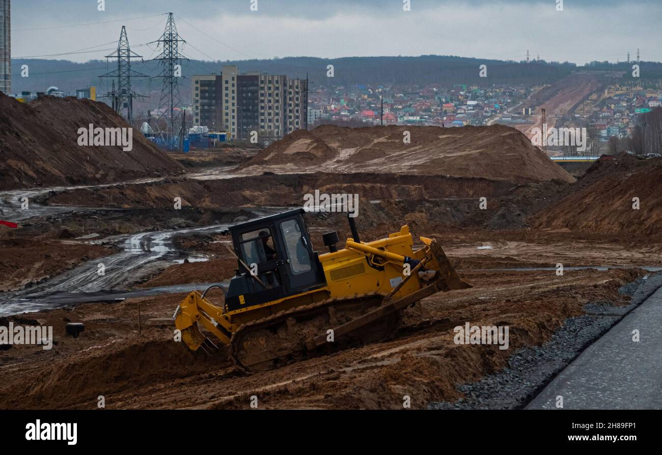Bulldozer on the construction of a new road. Bulldozer close up ...