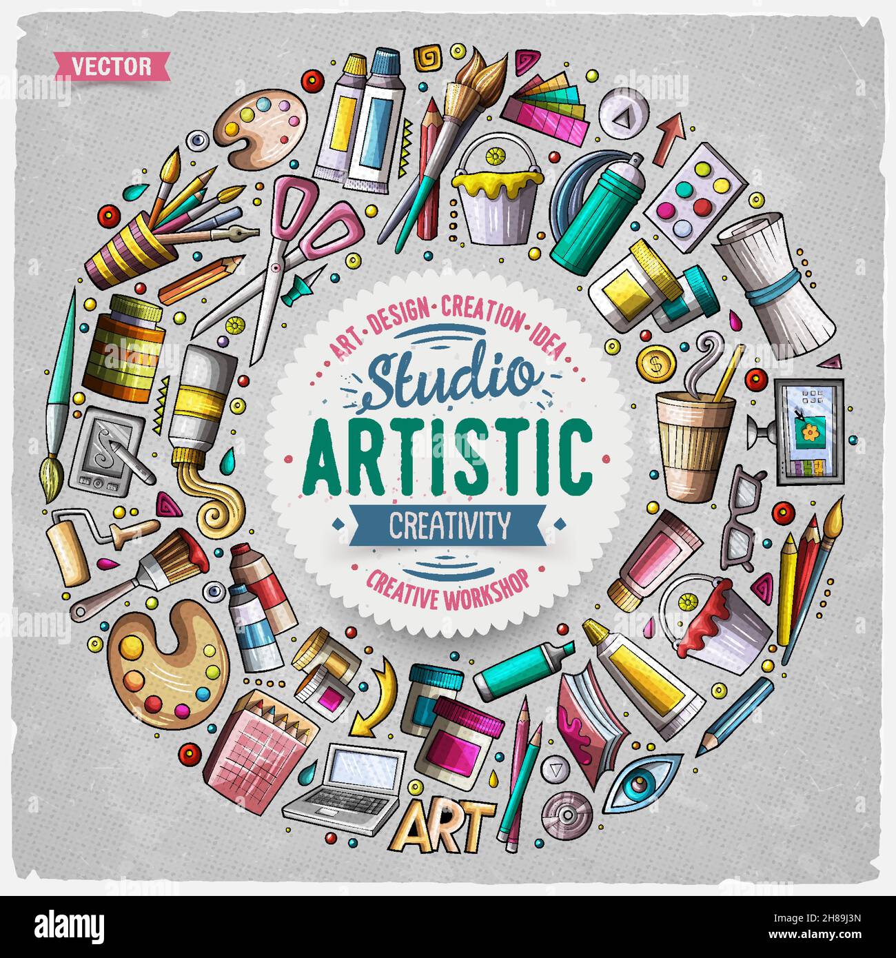 Colorful vector hand drawn set of Art cartoon doodle objects, symbols ...
