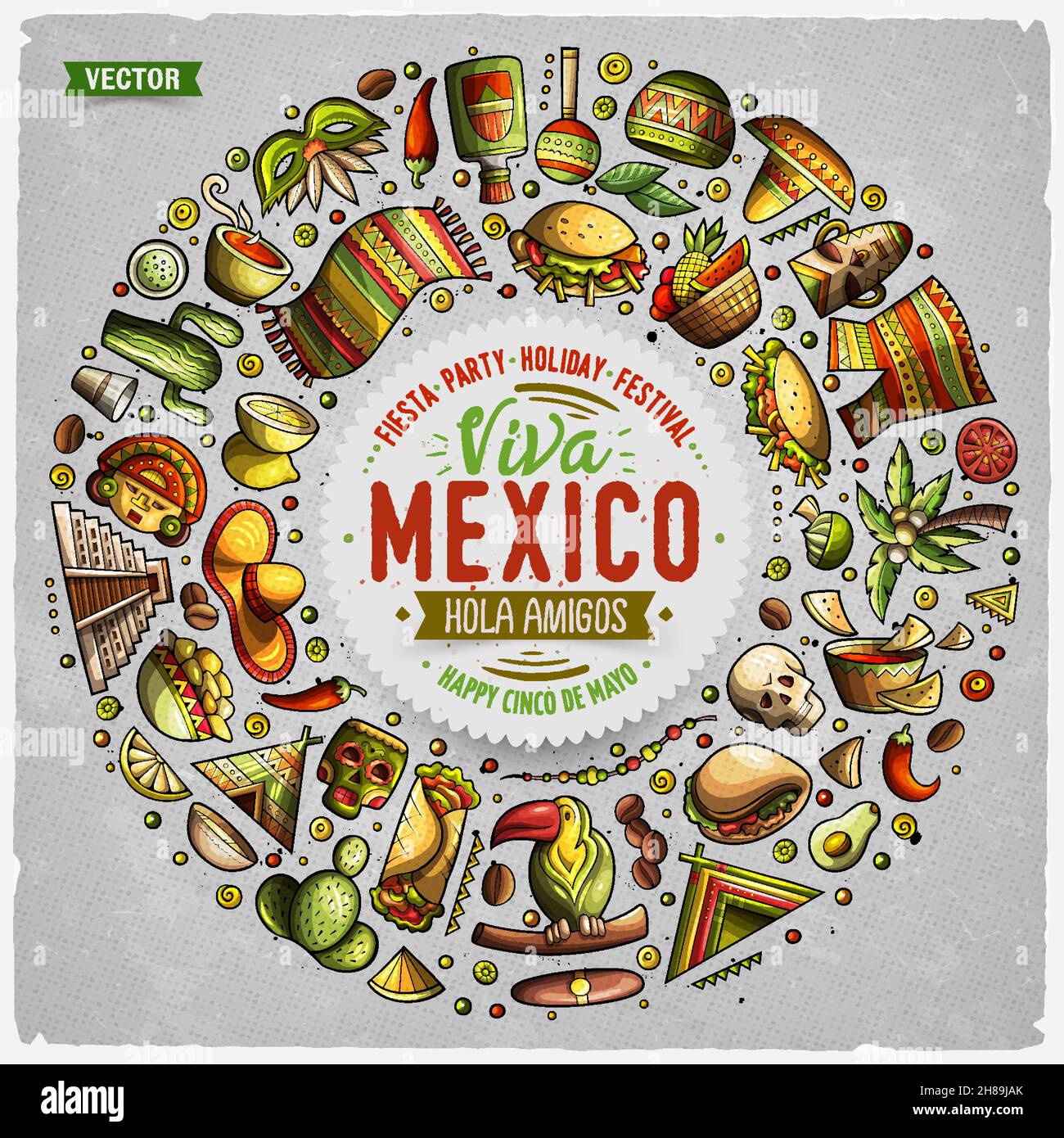 Colorful vector hand drawn set of Latin American cartoon doodle objects ...