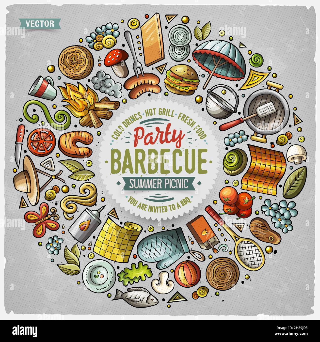 Colorful vector hand drawn set of Picnic cartoon doodle objects ...
