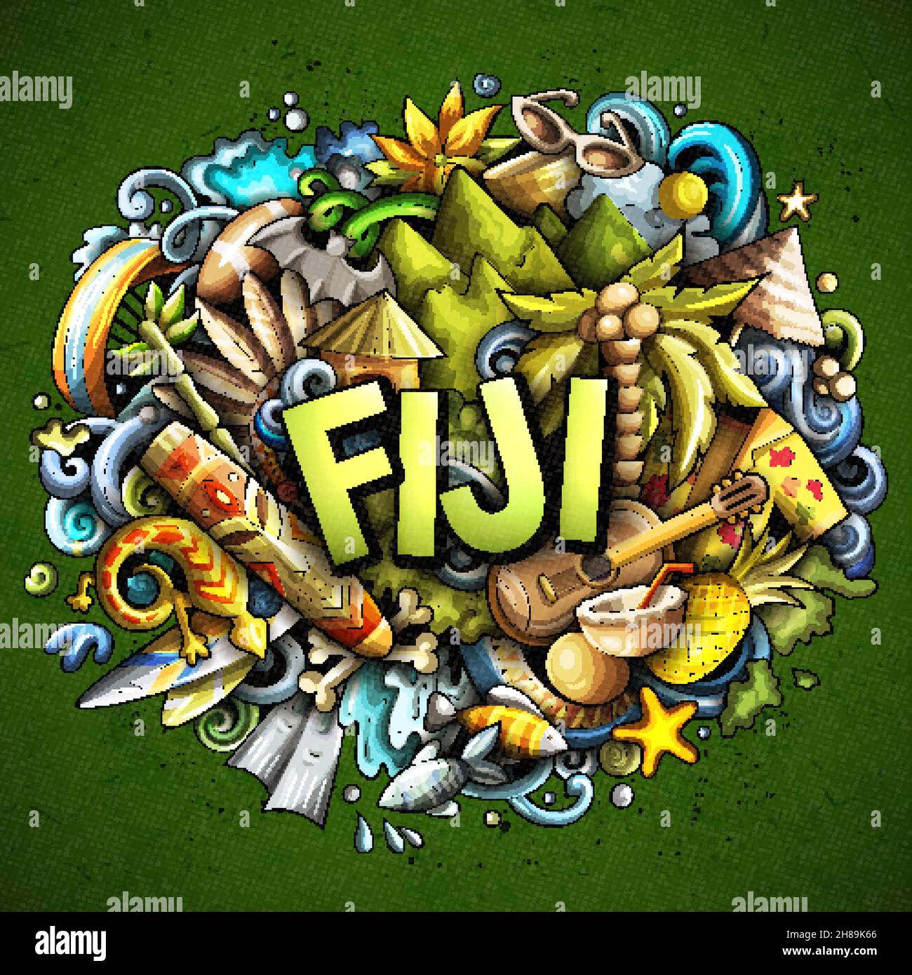 Fiji hand drawn cartoon doodles illustration. Funny travel design ...