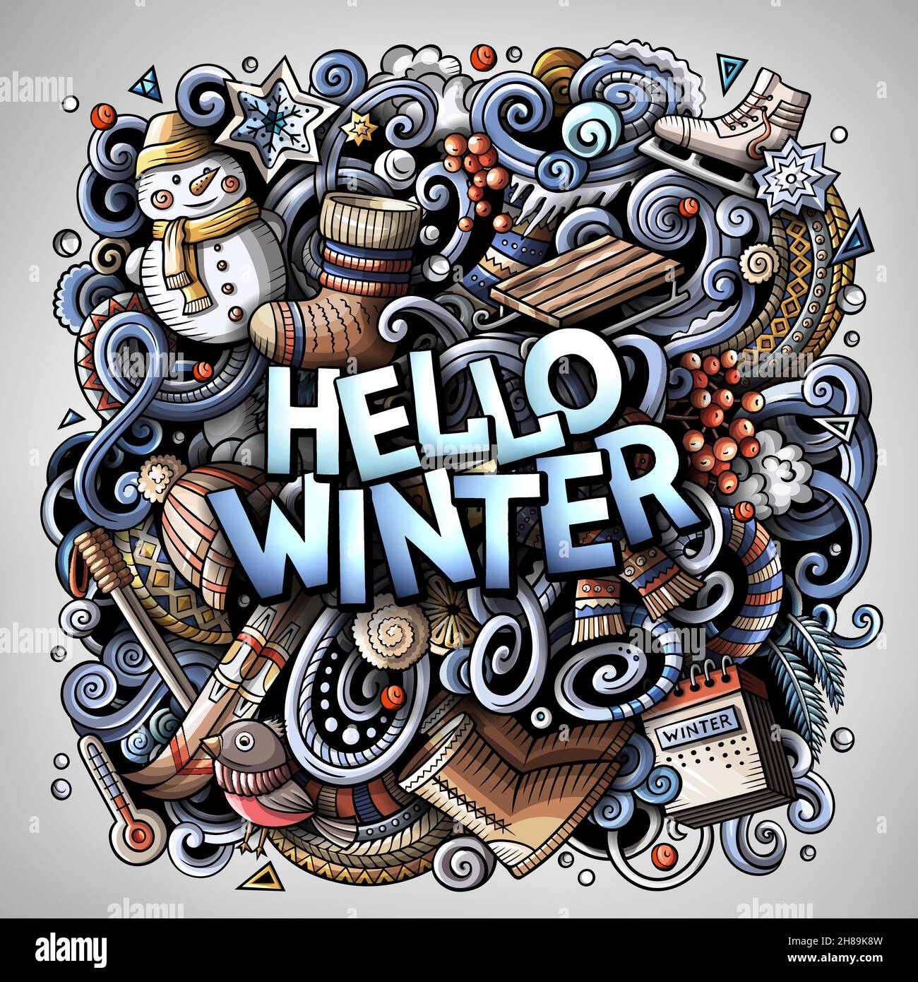 Hello Winter hand drawn cartoon doodles illustration. Funny seasonal ...
