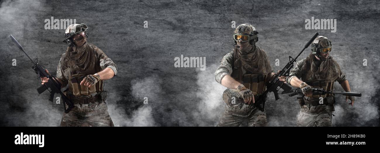 Three mercenary soldiers during a special operation in the smoke ...