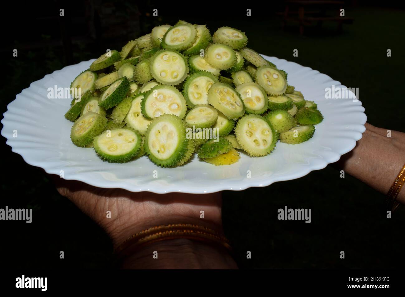 Female holding plate of Spiny gourd vegetable also known as Spine ...