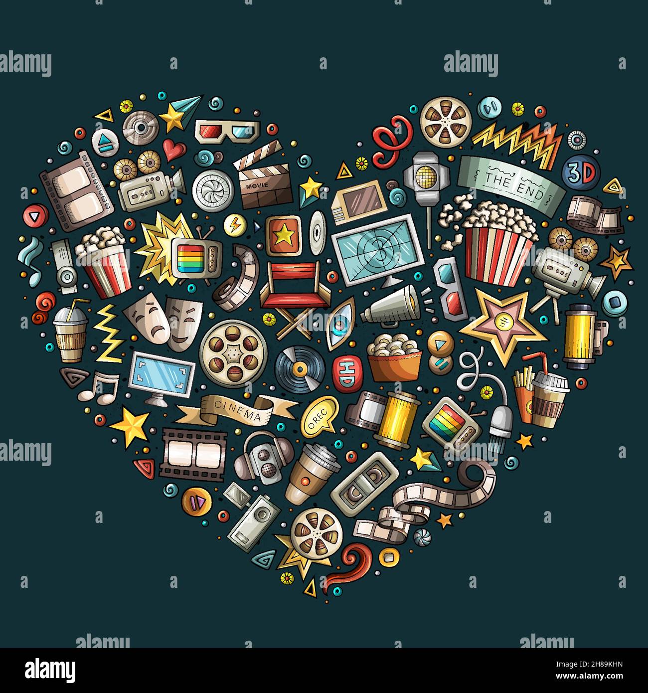 Colorful vector hand drawn set of Cinema cartoon doodle objects ...
