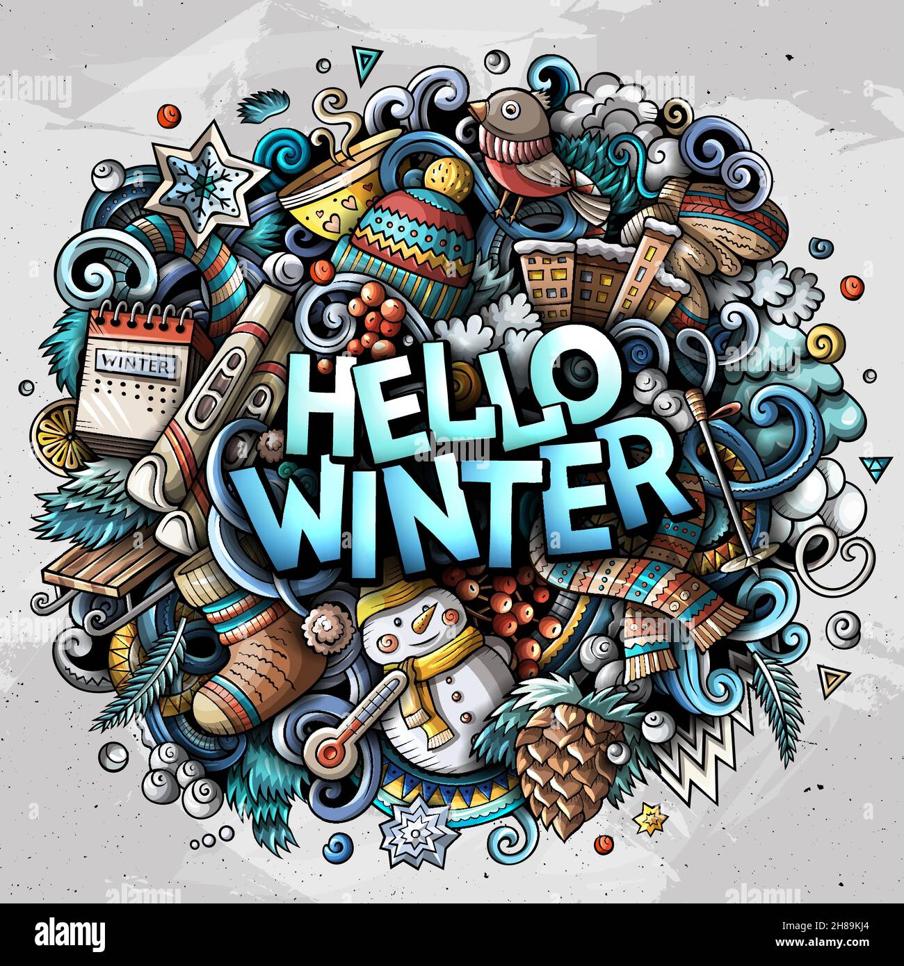 Hello Winter hand drawn cartoon doodles illustration. Funny seasonal ...