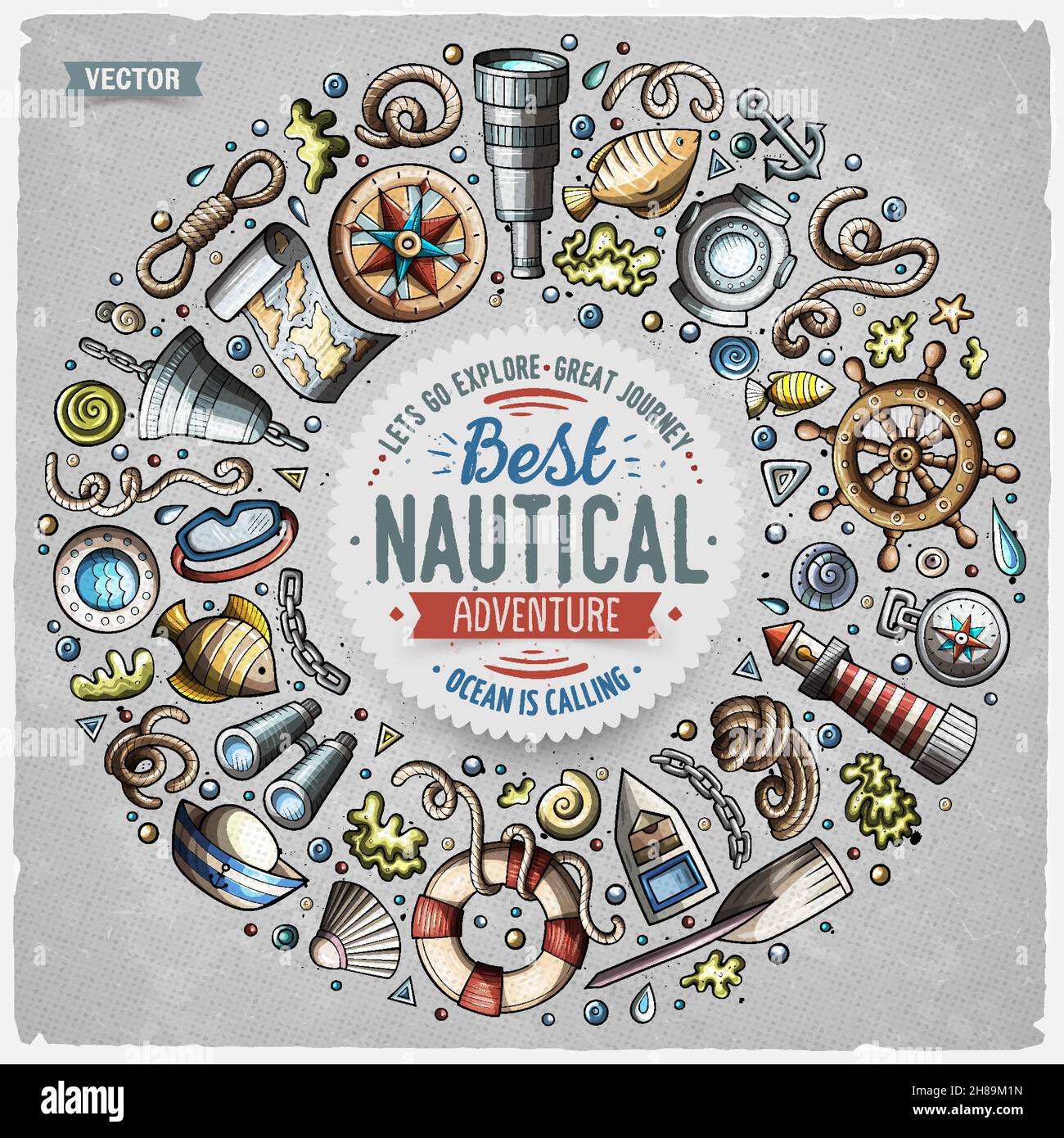 Colorful vector hand drawn set of Nautical cartoon doodle objects ...