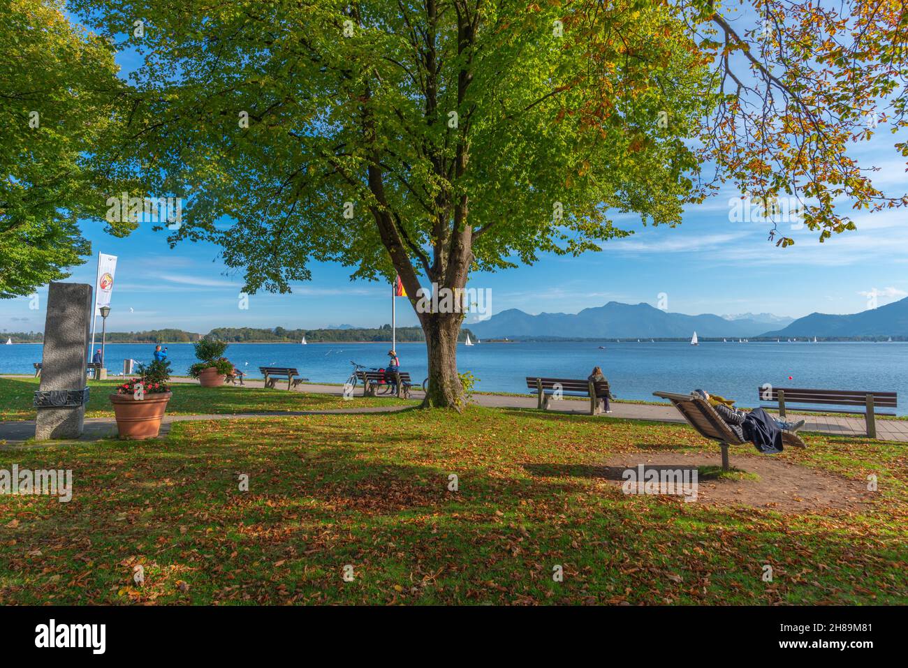 Prien town on Lake Chiemsee in the prealpine plateau Chiemgau, lake and ...