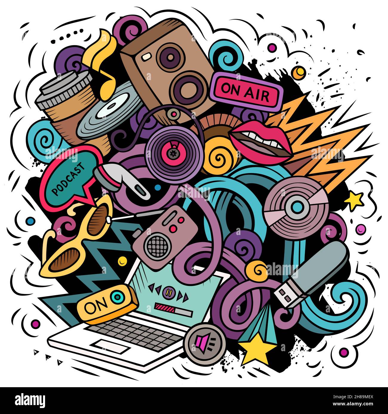Audio content cartoon doodles illustration. Creative funny vector ...