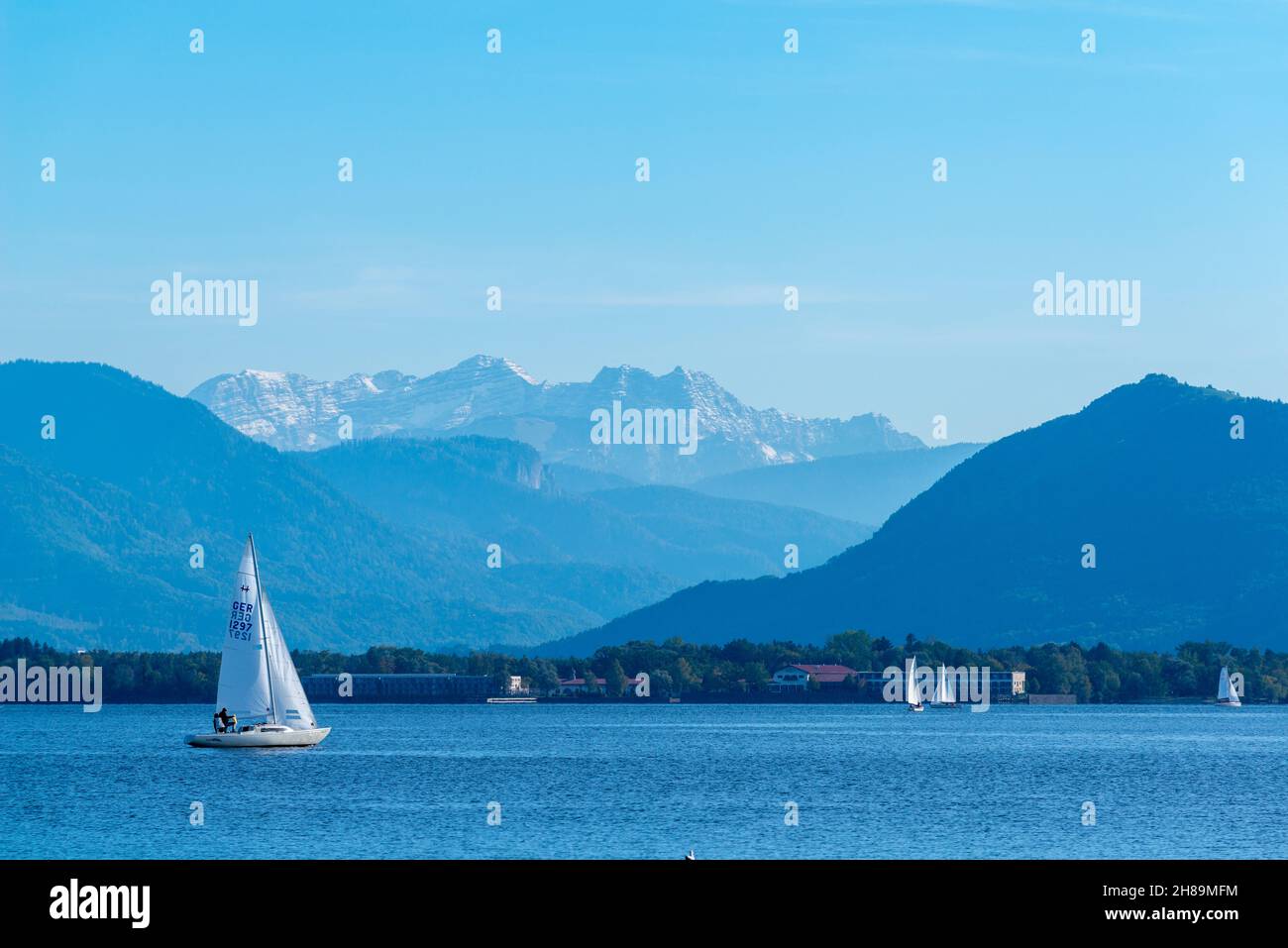 Prien town on Lake Chiemsee in the prealpine plateau Chiemgau, lake and ...