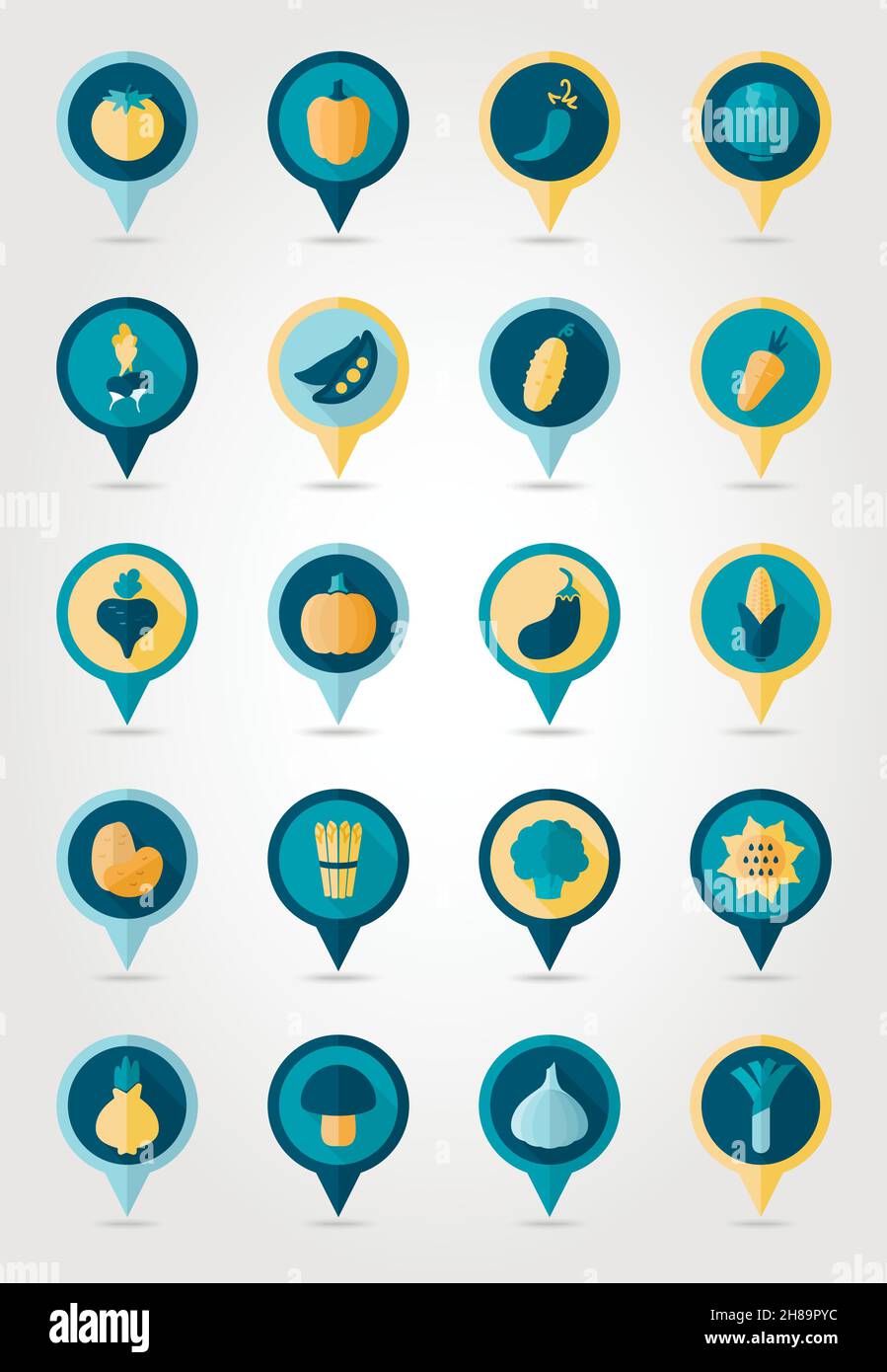 Vegetable mapping pins icons with long shadow, eps 10 Stock Vector ...