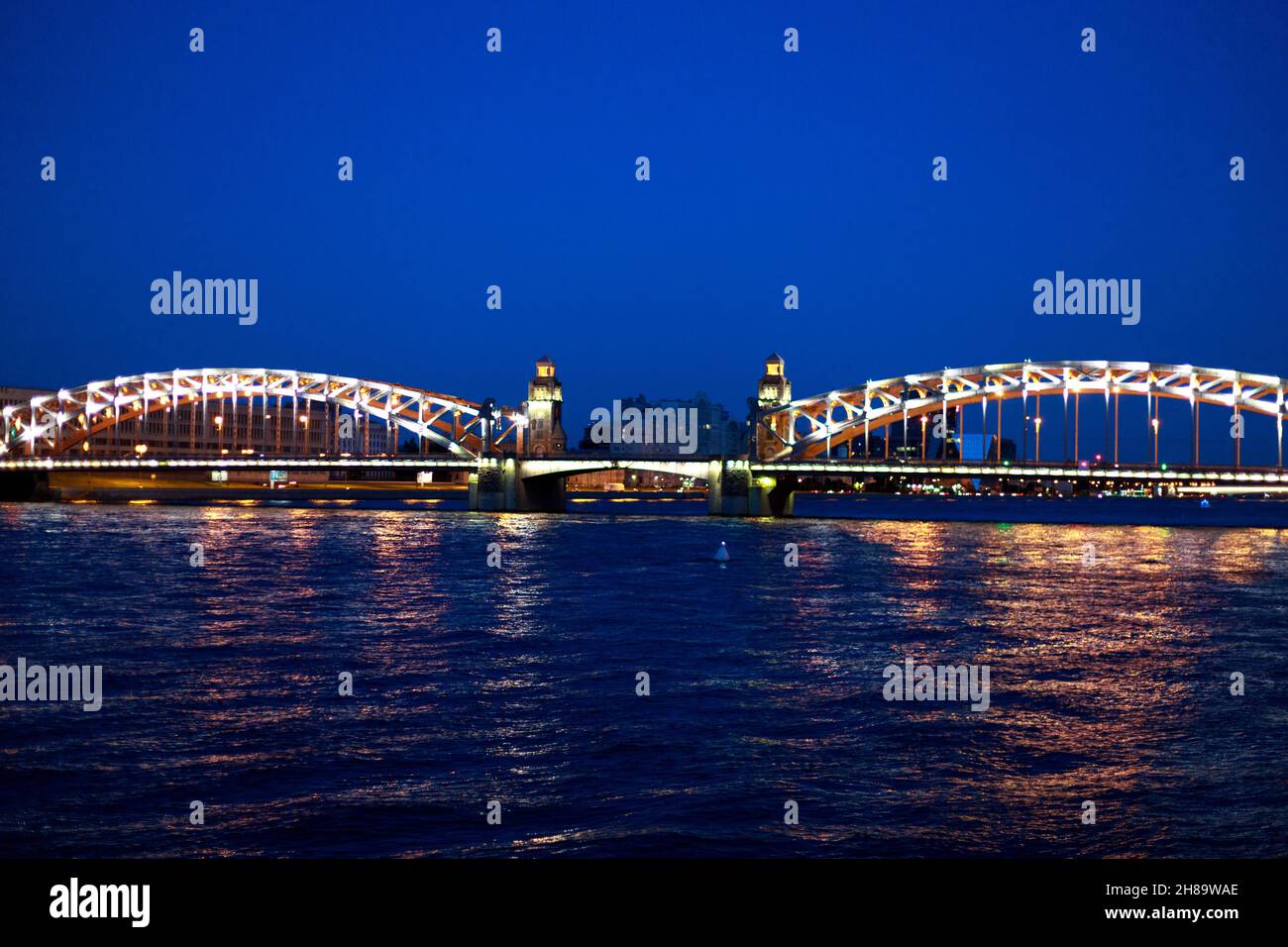White nights in St. Petersburg, Russia. Peter the Great Bridge over the ...