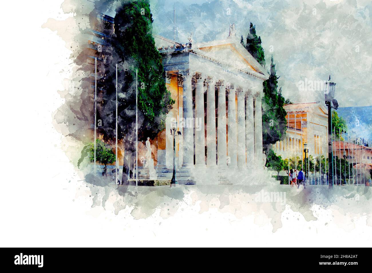 Watercolor drawing. Zappeion palace building in the National Gardens of ...