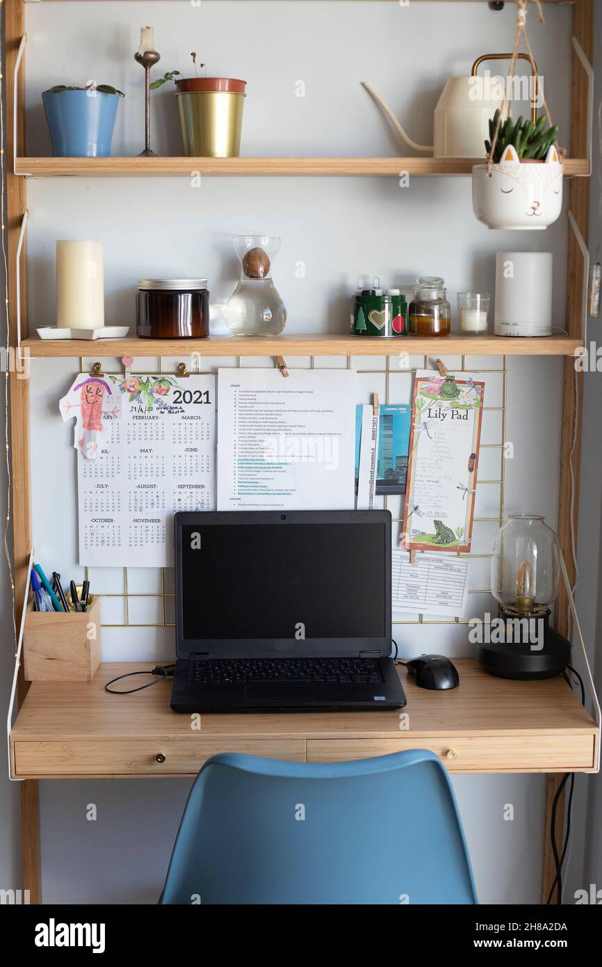Small home office remote station, workspace, with laptop, houseplants ...