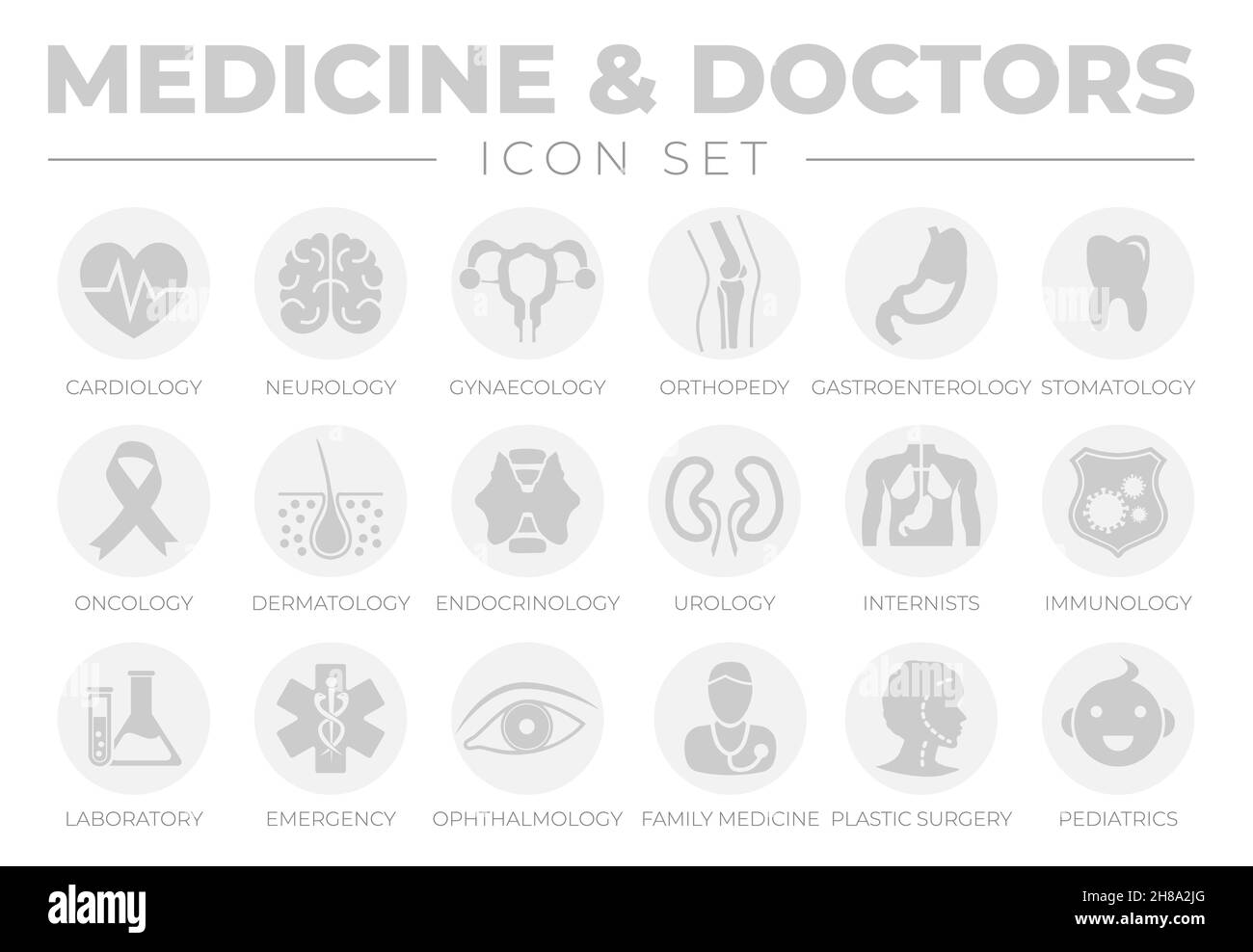 Round Gray Medicine and Doctors Icon Set of Cardiology, Neurology ...