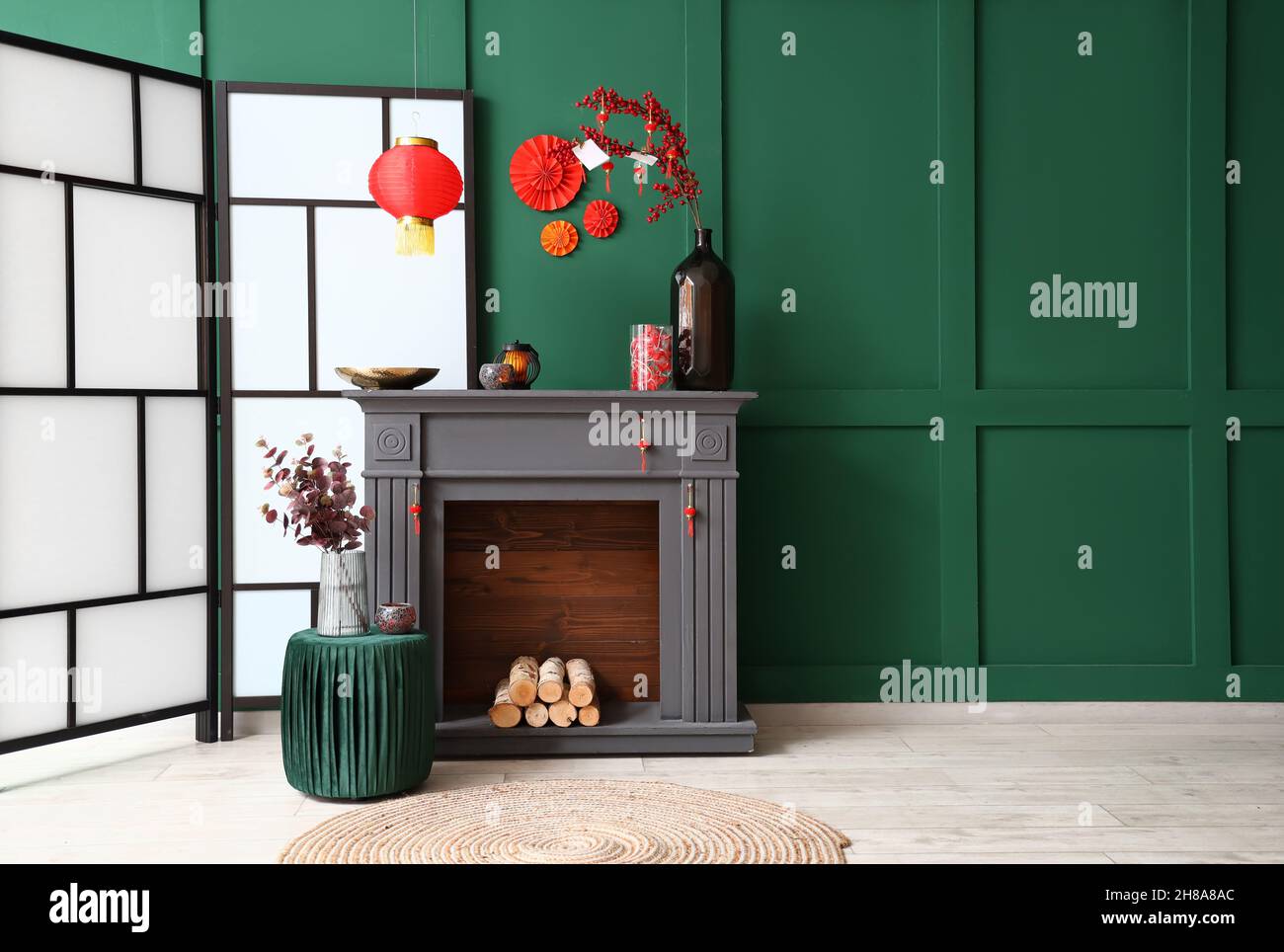 Fireplace with beautiful decorations for Chinese New Year celebration ...