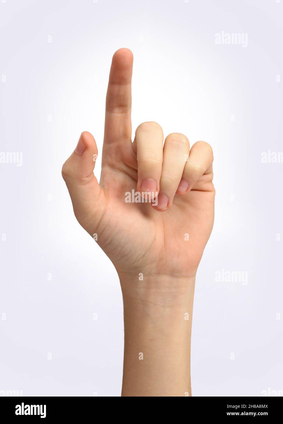 The man's hand shows a symbol Stock Photo - Alamy