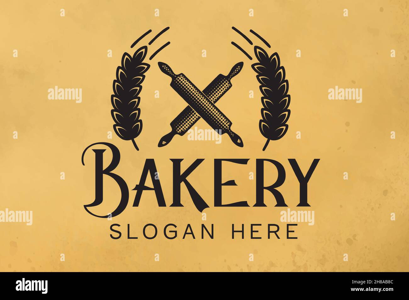 Bakery shop retro badge with crossed rolling pin and wheat grain logo ...