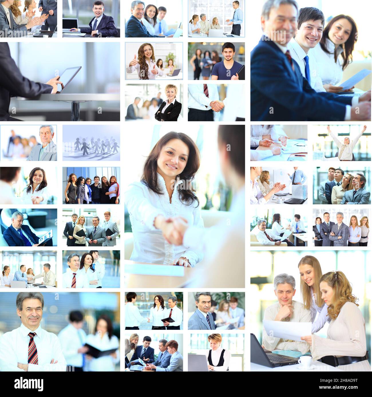 Collage with businesspeople working together and tools Stock Photo - Alamy