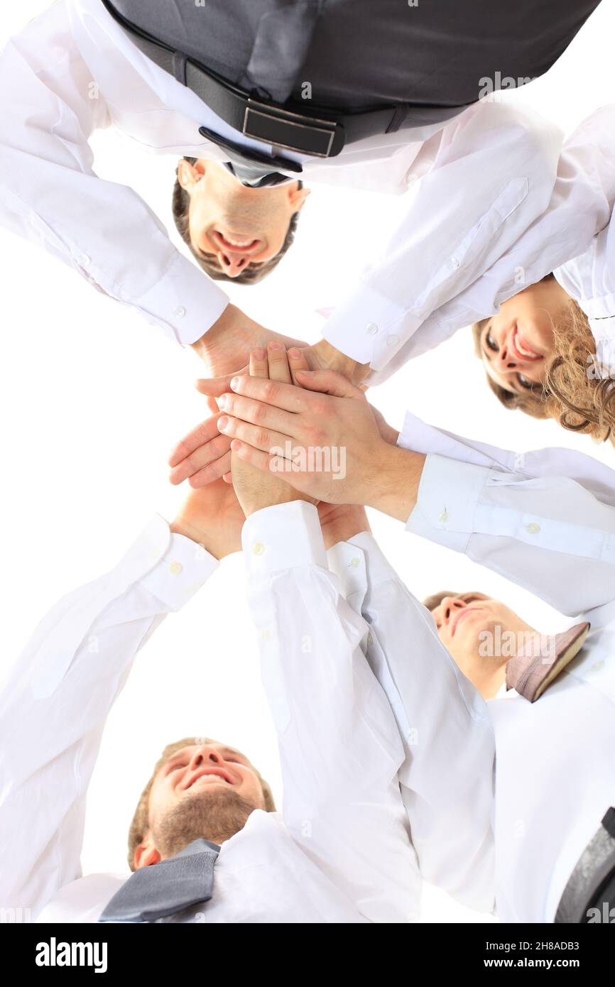 business team putting their hands on top of each other Stock Photo - Alamy